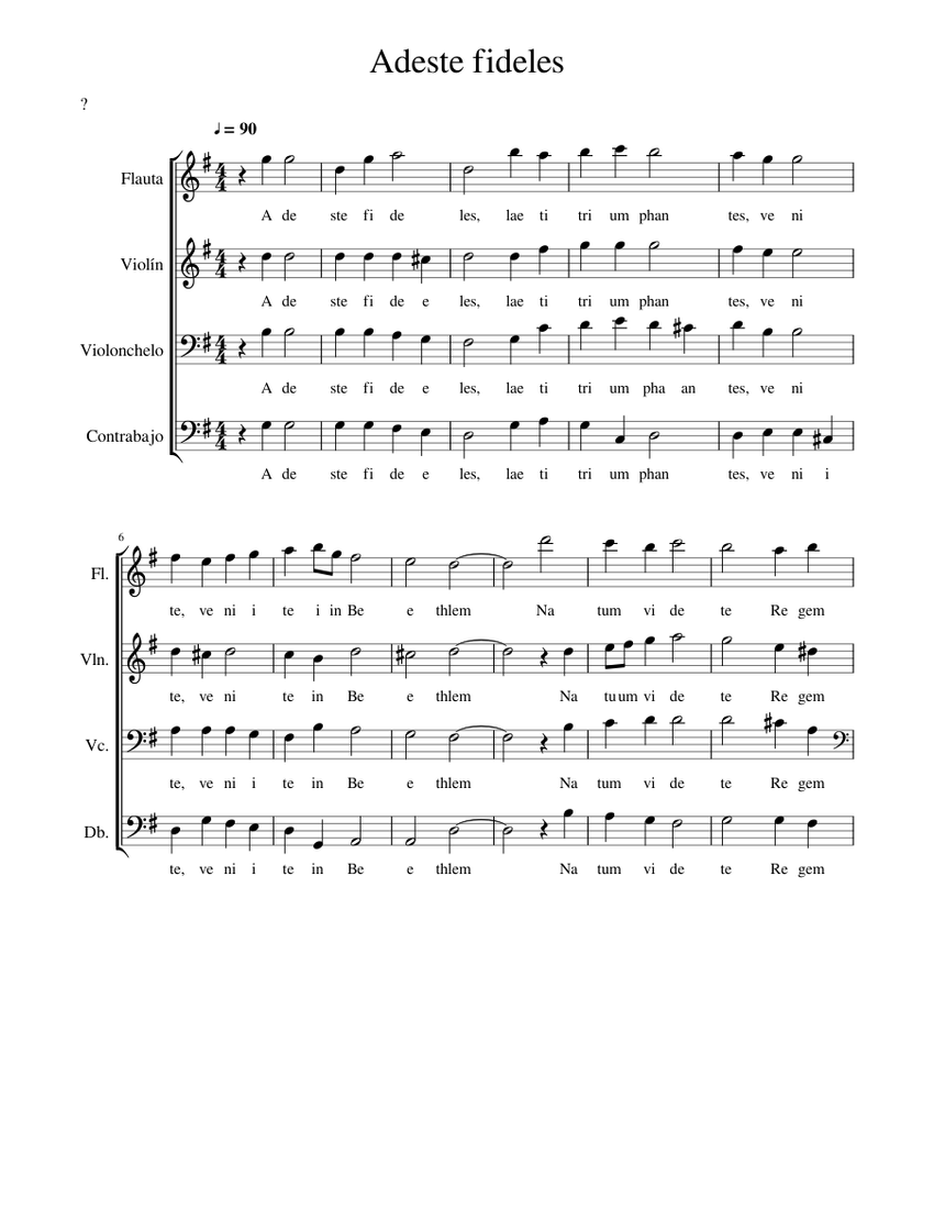 Adeste fideles. Sheet music for Violin, Flute, Cello, Contrabass (Mixed Quartet) | Musescore.com
