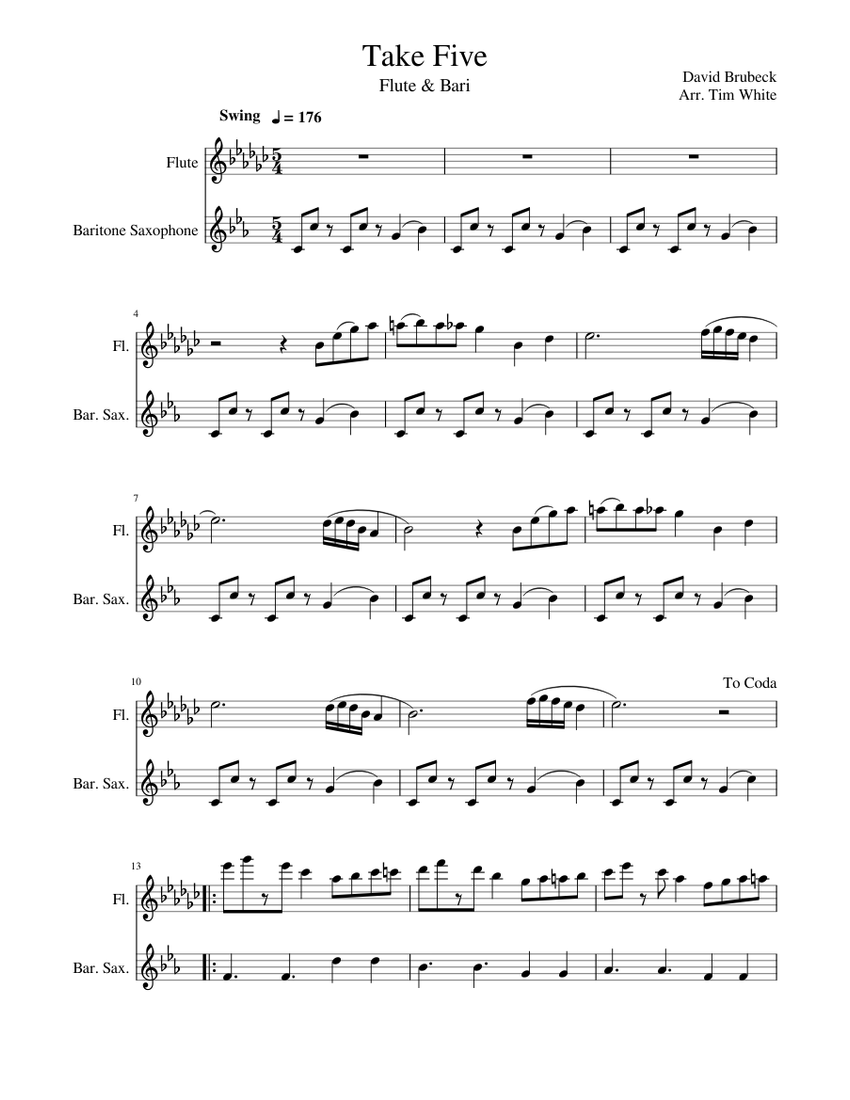 Take Five for Flute and Bari Sax Sheet music for Flute, Baritone ...