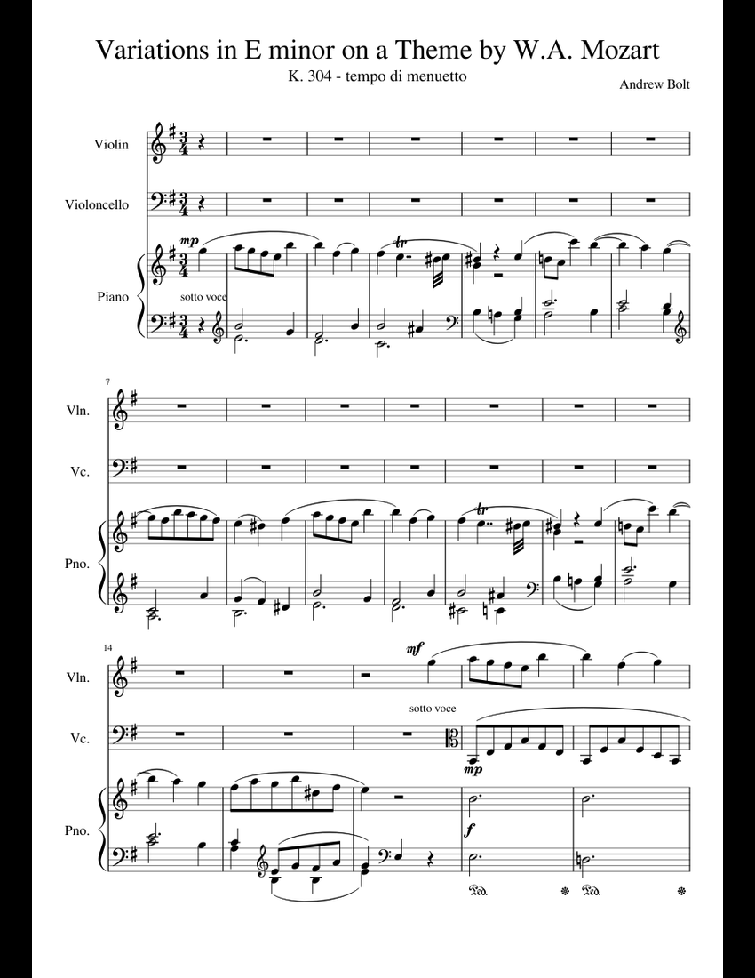 Variations in E minor on a Theme by W.A. Mozart sheet music for Violin ...