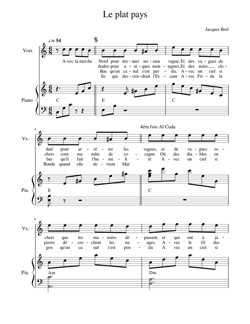 Le_plat_pays- Jacques Brel Sheet music for Piano, Vocals (Piano-Voice ...