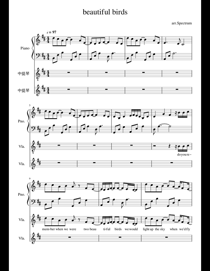 beautiful birds sheet music for Piano, Viola download free in PDF or MIDI