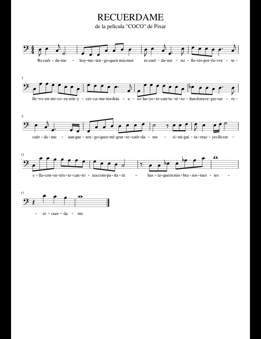 RECUERDAME - coco - pixar sheet music for Cello download free in PDF or ...
