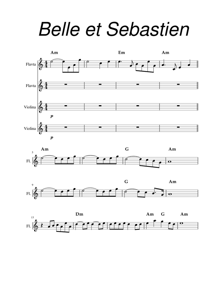 Belle et Sebastien Sheet music for Violin, Flute (Mixed Quartet ...