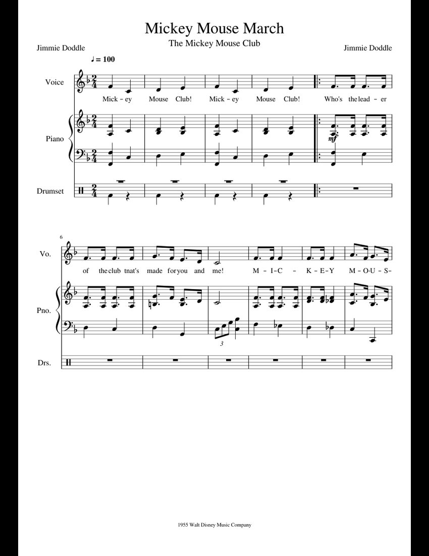 Mickey Mouse March sheet music for Piano, Voice, Percussion download ...