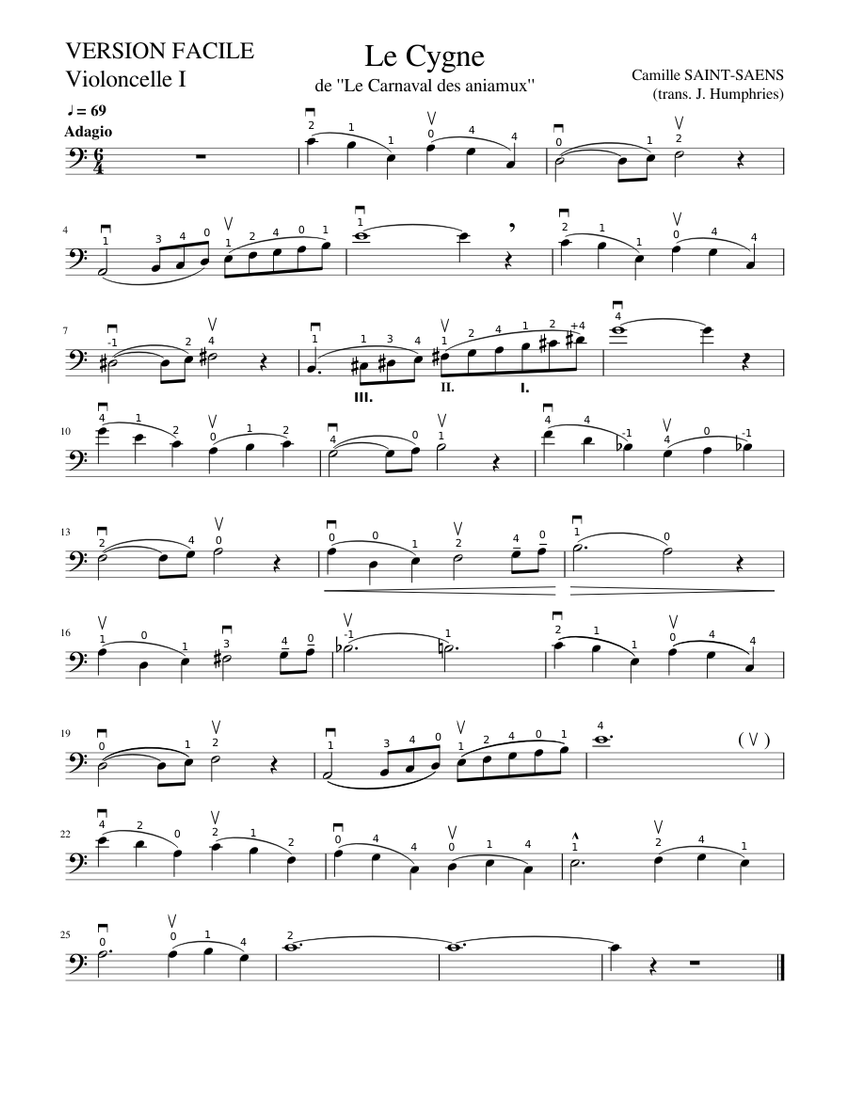 Le Cygne Violoncelle FACILE DOIGTES [The Swan EASY FINGERINGS] Sheet ...