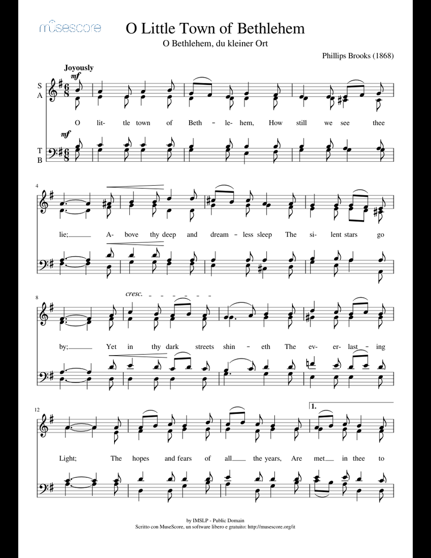 O Little Town of Bethlehem sheet music for Flute, Voice, Oboe, French ...