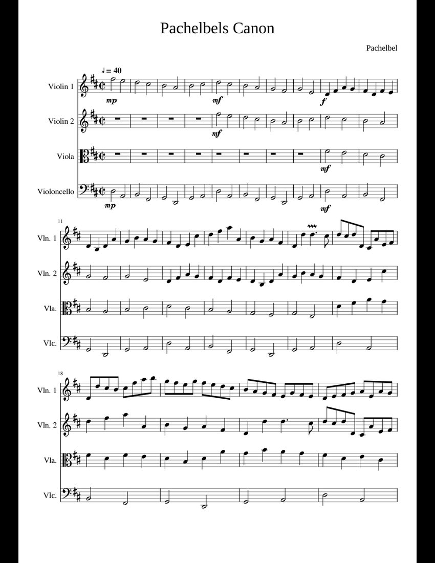 Pachelbels Canon (Strings Quartet) sheet music for Violin, Viola, Cello ...