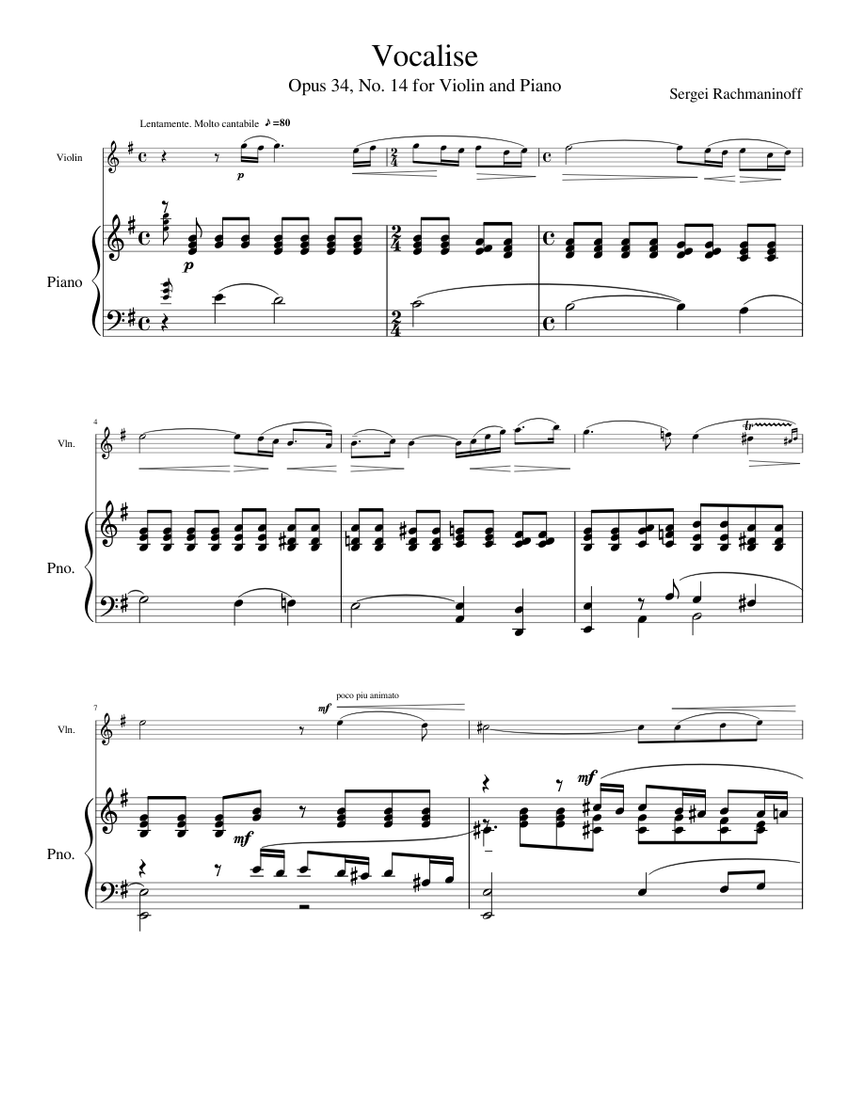 Vocalise by Rachmaninoff for Violin and Piano Sheet music for Piano ...