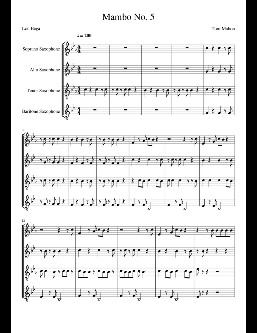 Mambo No 5 sheet music for Soprano Saxophone, Alto Saxophone, Tenor ...