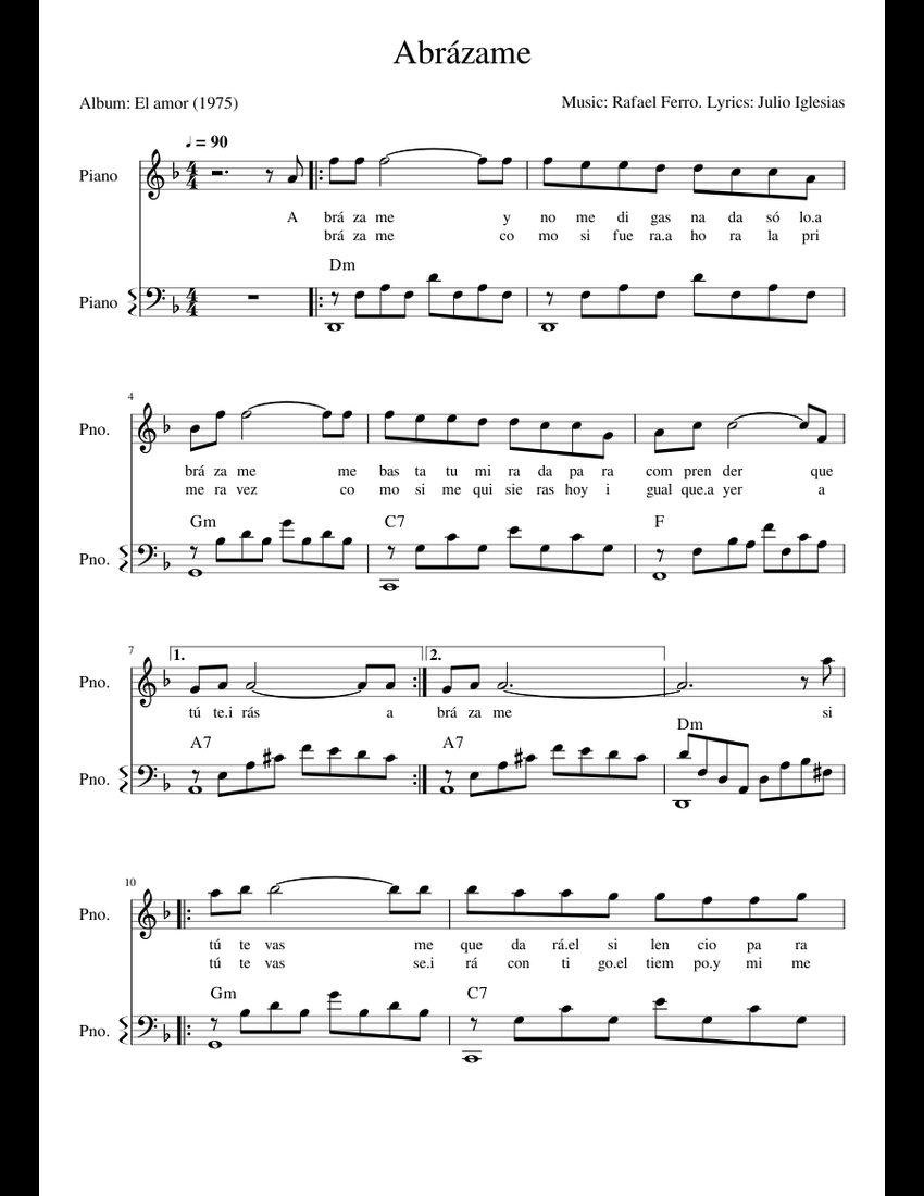 Abrazame sheet music for Piano download free in PDF or MIDI