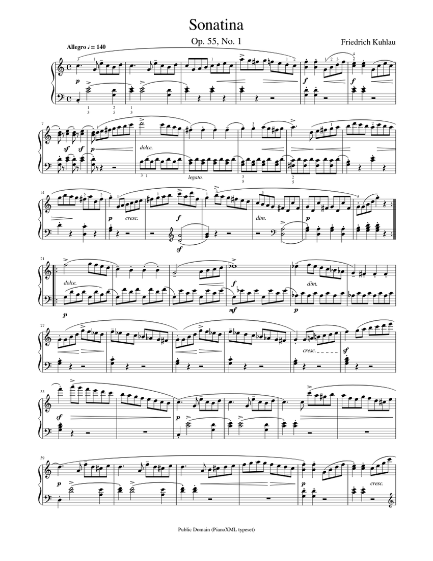 Kuhlau: Sonatina Op. 55, No. 1 sheet music for Piano download free in ...