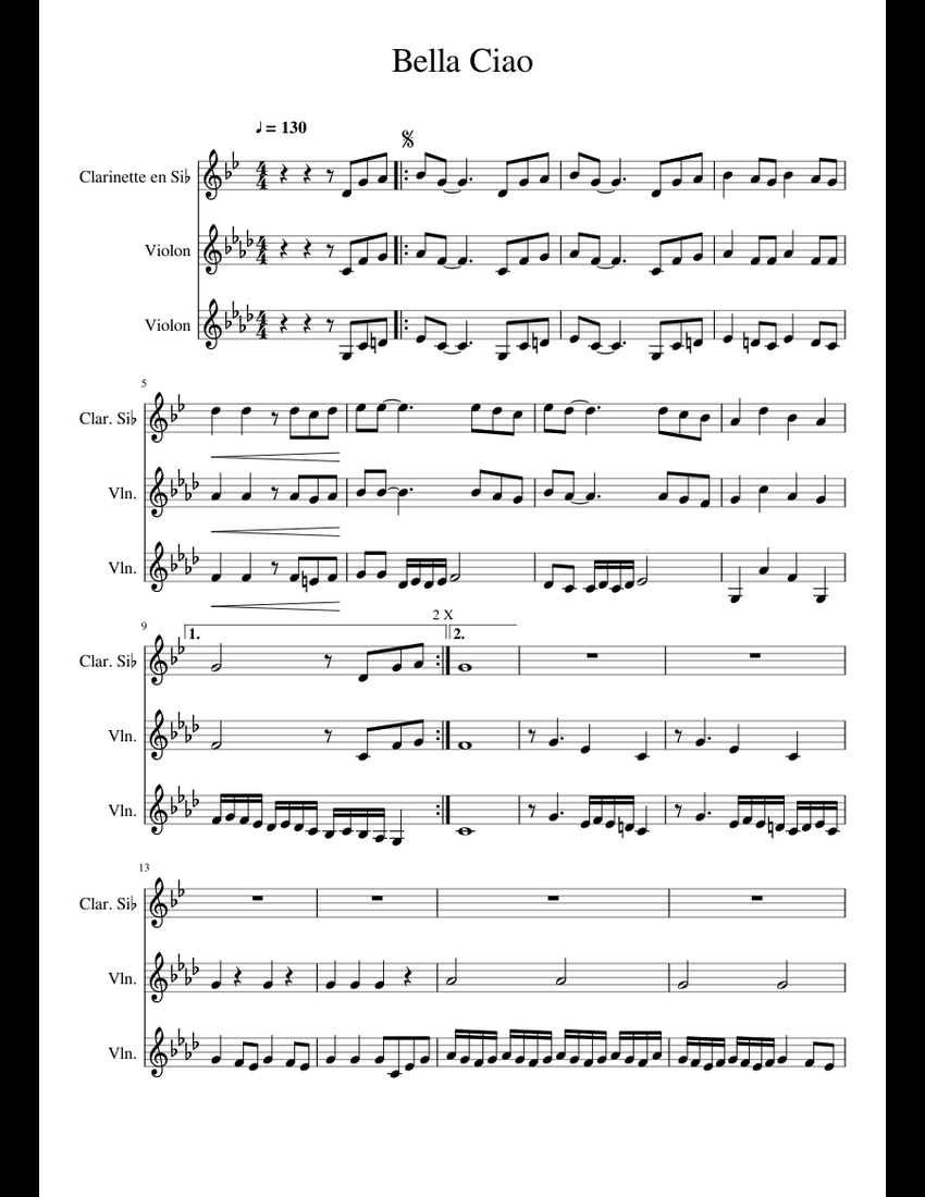 Bella Ciao sheet music for Clarinet, Violin download free in PDF or MIDI