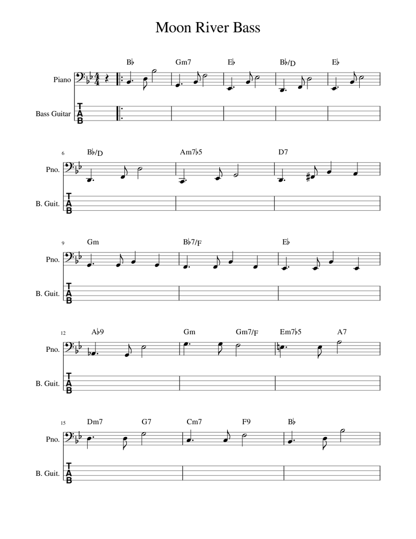 Moon River Bass Sheet music for Piano, Bass (Mixed Duet) | Musescore.com