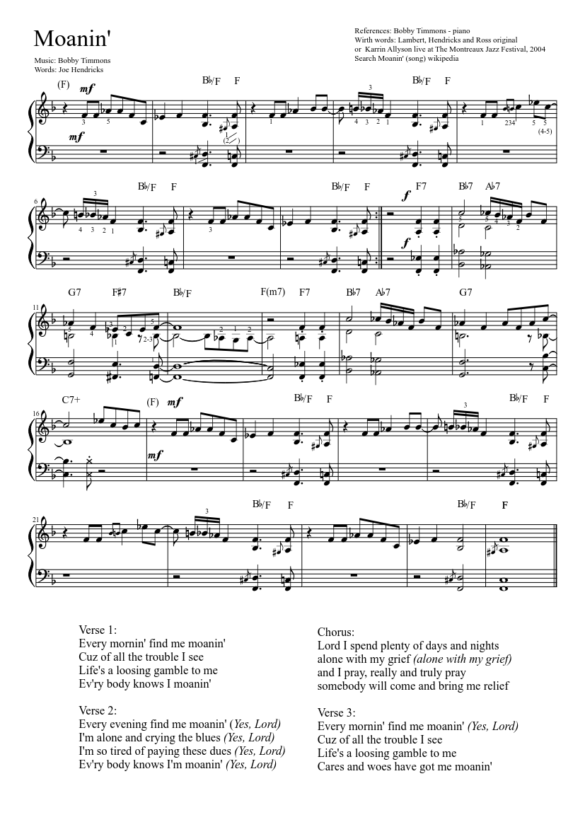 Moanin' sheet music download free in PDF or MIDI
