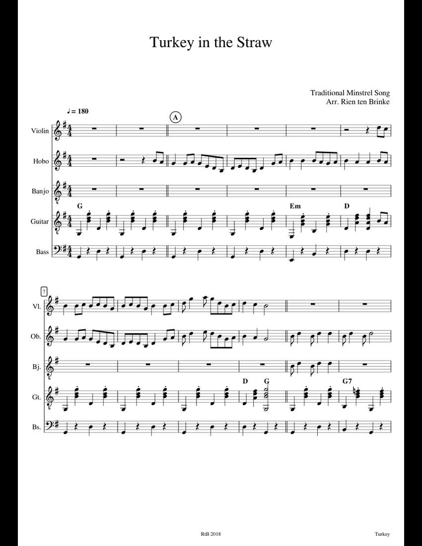 Turkey in the Straw sheet music for Violin, Oboe, Guitar, Bass download ...