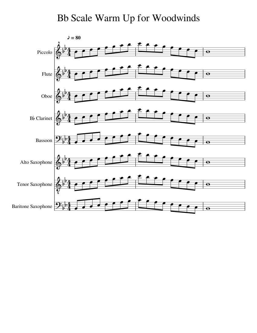 Bb Scale Warm Up for Woodwinds sheet music for Flute, Clarinet, Piccolo ...