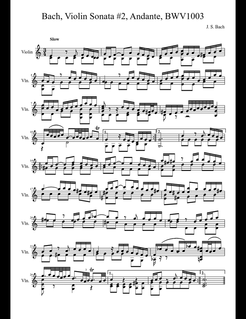 Bach Violin Sonata #2 in Am: Andante (BWV1003). sheet music download free in PDF or MIDI
