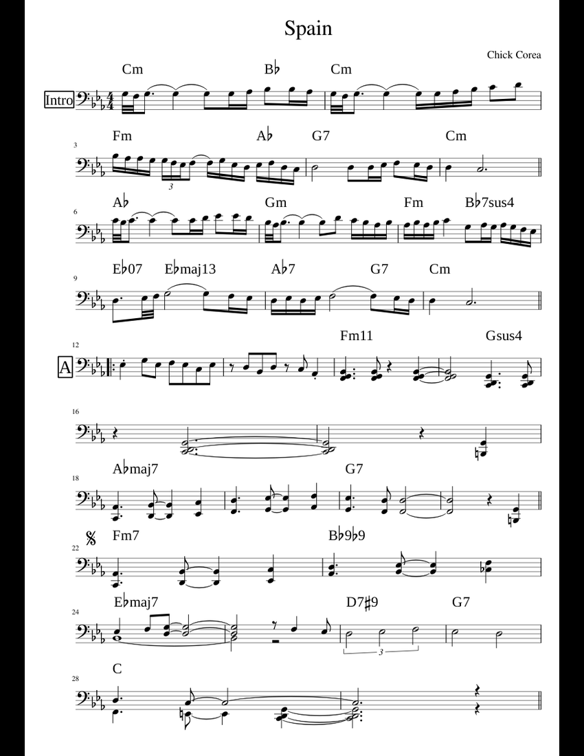 Chick Corea Spain sheet music for Bass download free in PDF or MIDI