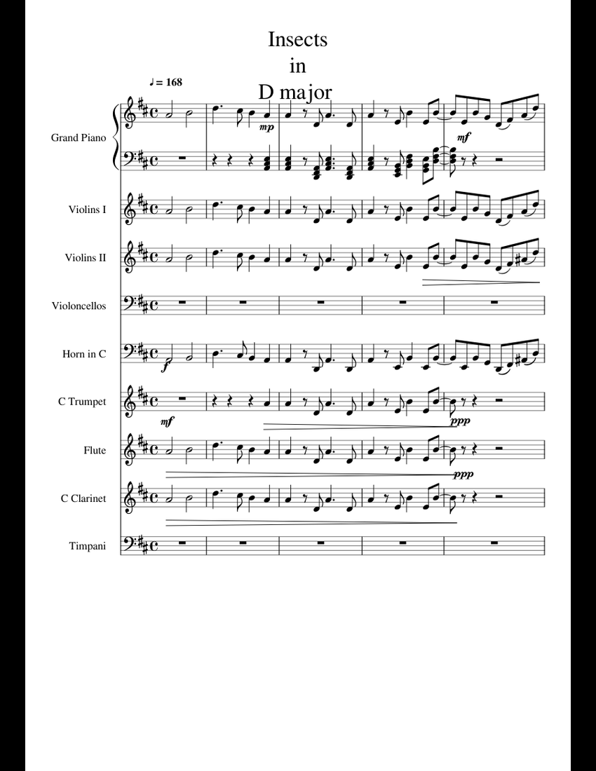 Insects in D Major sheet music for Piano, Flute, Clarinet, Strings ...