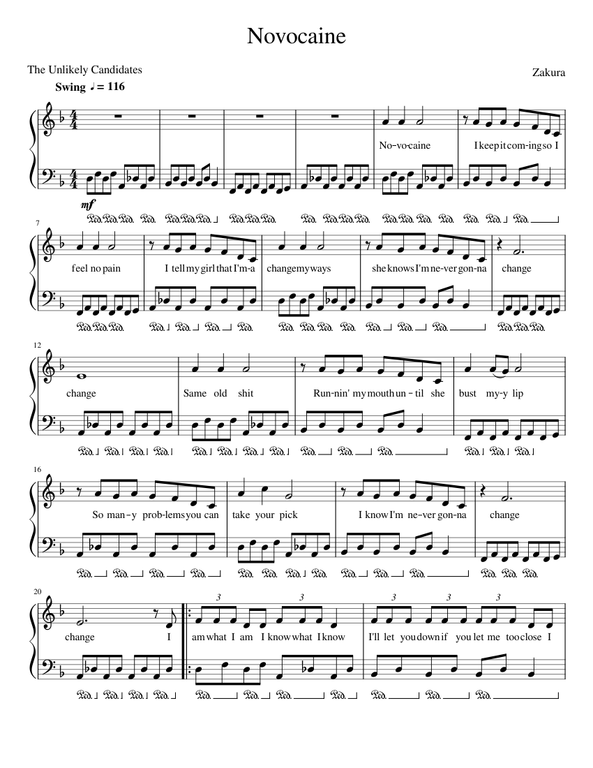 The Unlikely Candidates - Novocaine Sheet music for Piano | Download ...