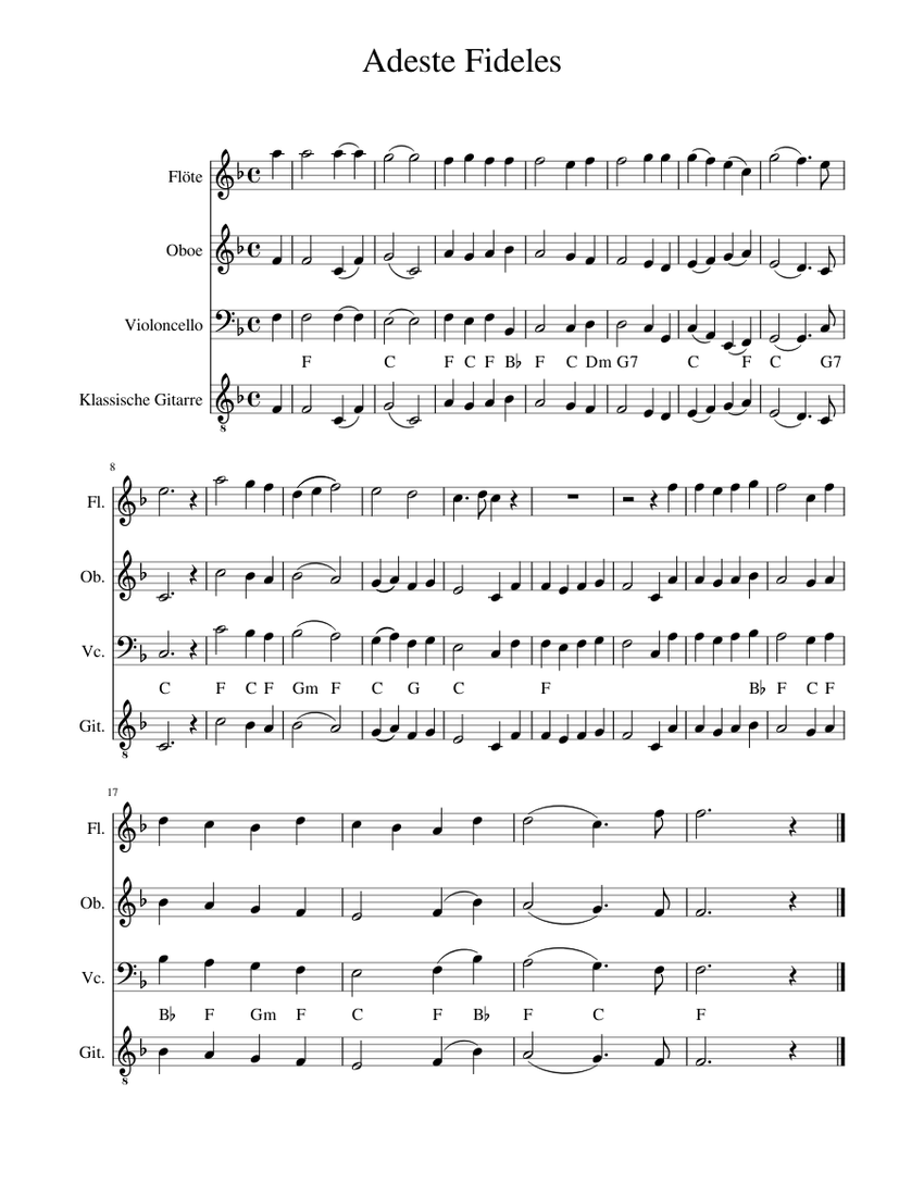 Adeste Fideles Sheet music for Flute, Cello, Oboe, Guitar (Mixed Quartet) | Musescore.com