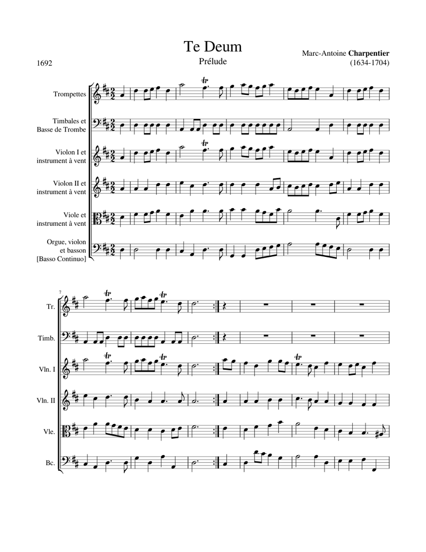 Te Deum (Prélude) - Charpentier Sheet music for Violin, Trumpet, Timpani, Cello | Download free ...
