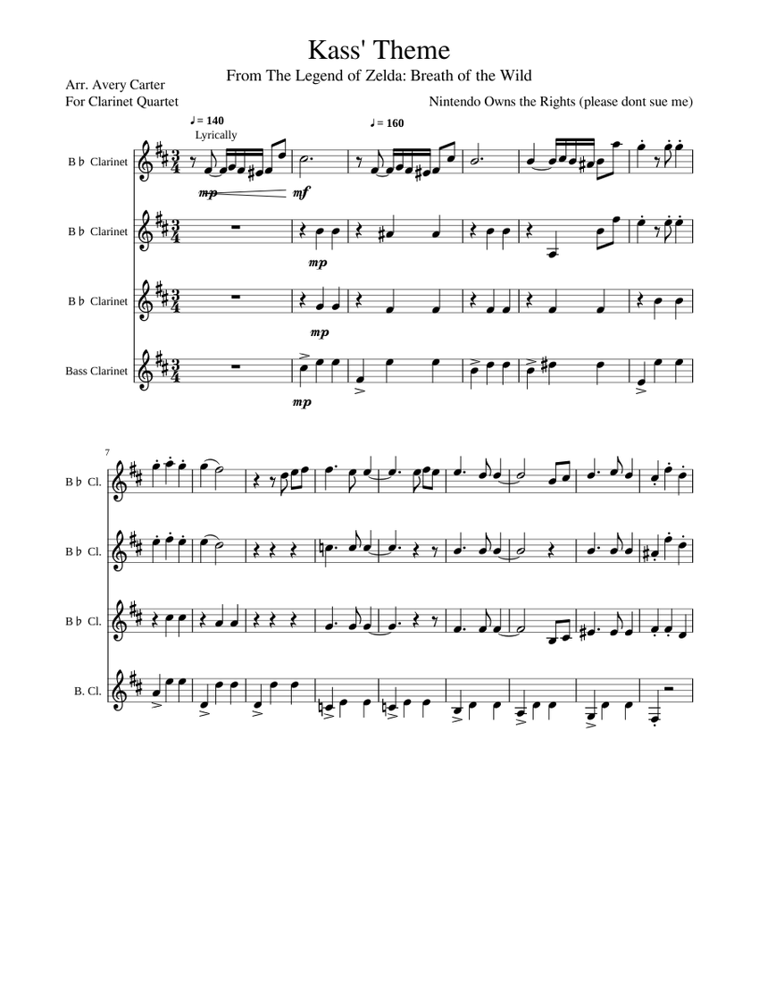 Kass' Theme For Clarinet Quartet Sheet music for Clarinet (In B Flat ...