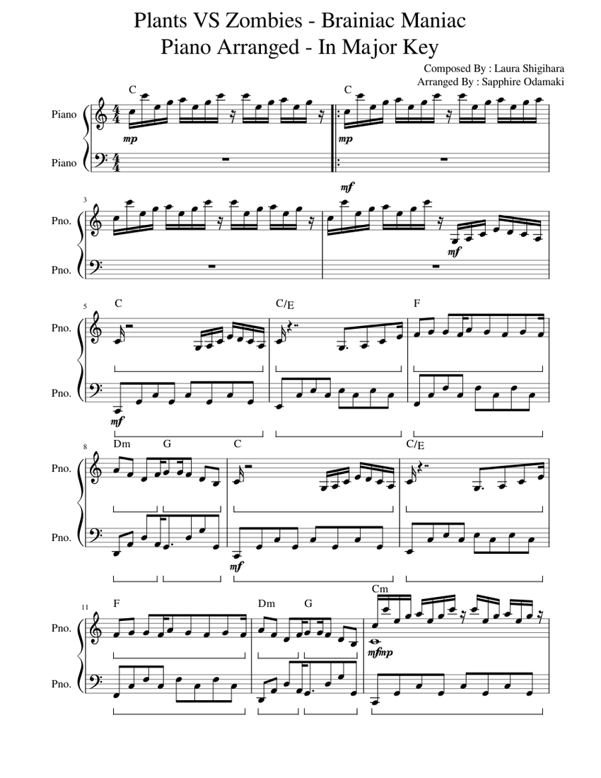 Plants VS Zombies - Brainiac Maniac - Piano Arranged - In Major Key ...