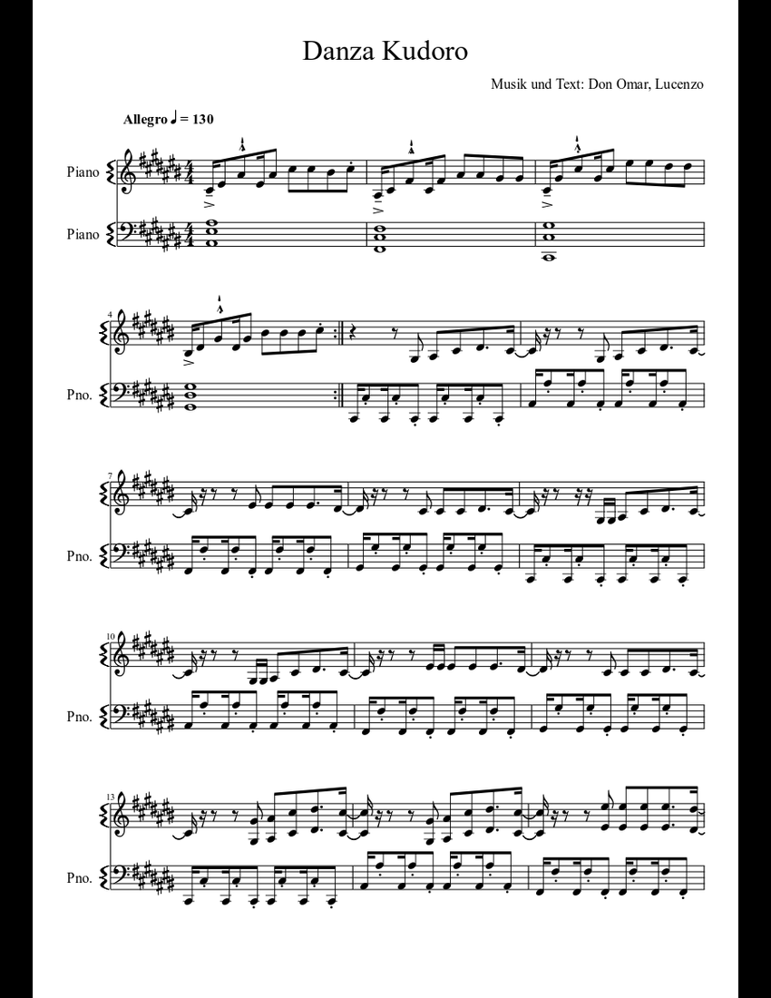 Danza Kuduro - Don Omar / Lucenzo sheet music download free in PDF or MIDI