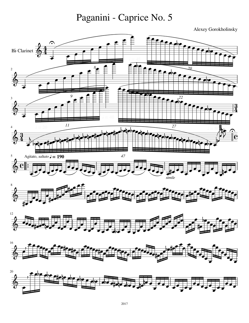 Paganini - Caprice No. 5 Sheet music for Clarinet (In B Flat) (Solo ...