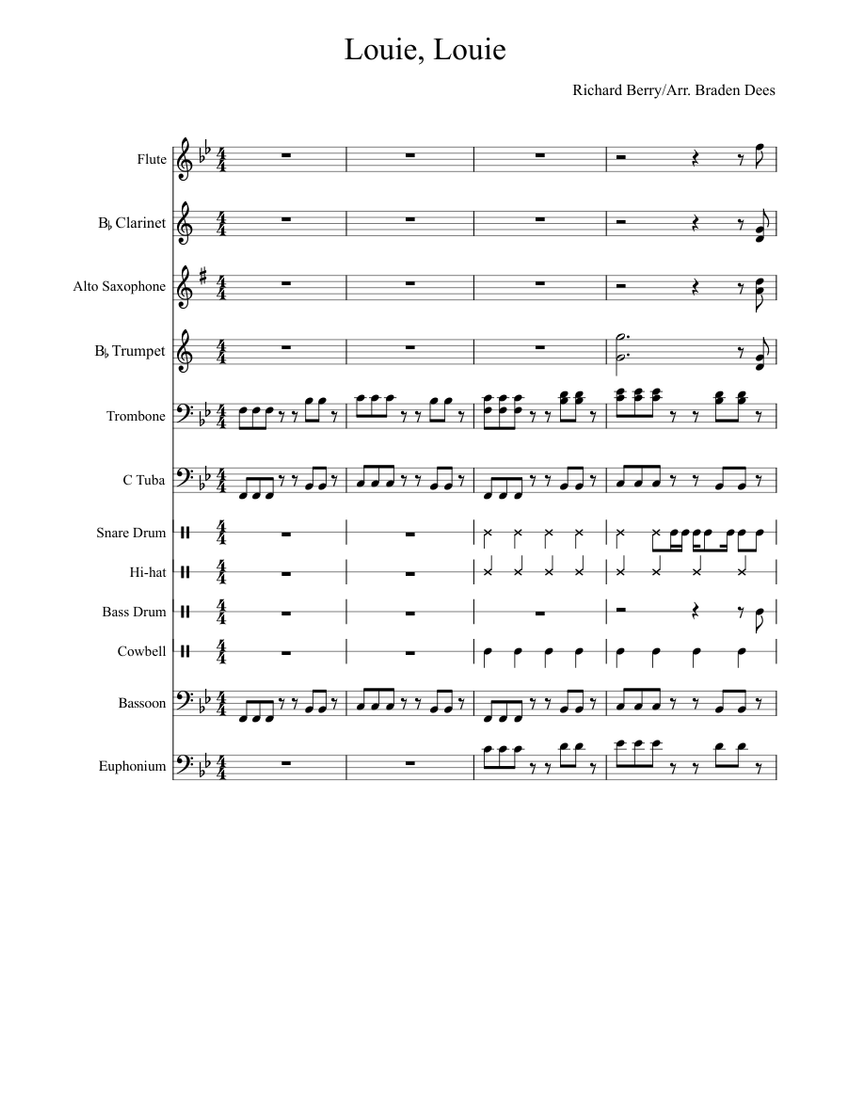 Louie Louie Sheet music for Flute, Clarinet, Alto Saxophone, Trumpet ...