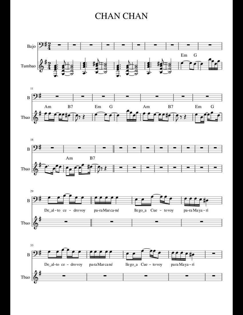 CHAN CHAN BAJO GUIT XML sheet music for Voice, Guitar, Trumpet, Bass ...