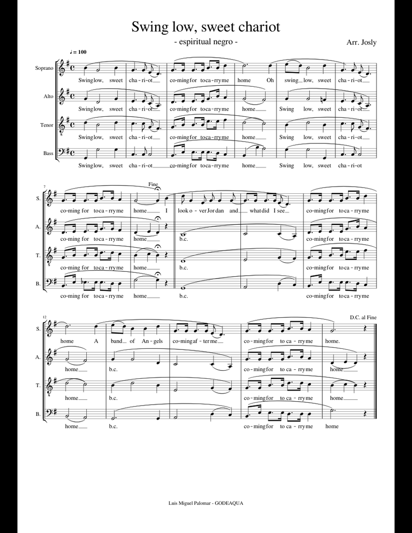 swing low, sweet chariot sheet music for Piano, Clarinet download free ...