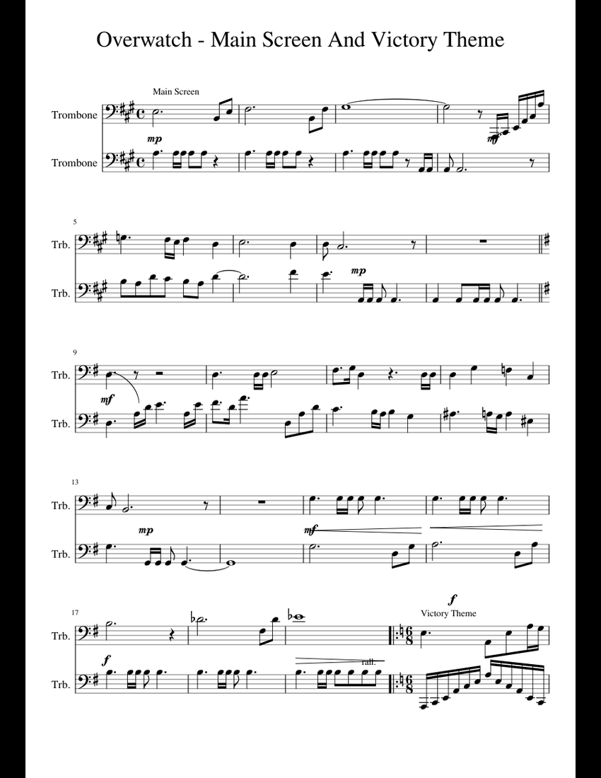 Overwatch - Main Screen And Victory Theme sheet music for Trombone ...