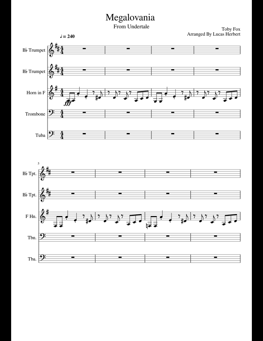 Megalovania For Brass Quintet sheet music for Trumpet, French Horn, Trombone, Tuba download free ...