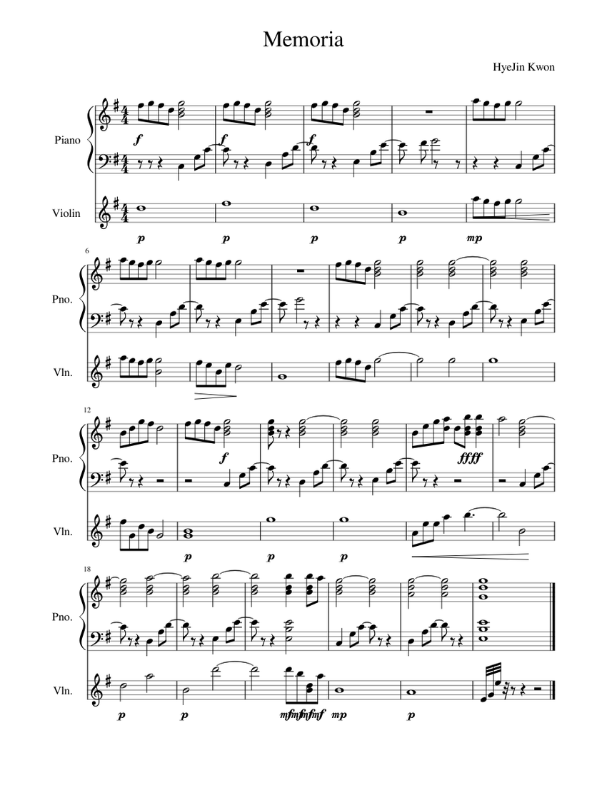 Memoria Sheet music for Piano, Violin | Download free in PDF or MIDI ...