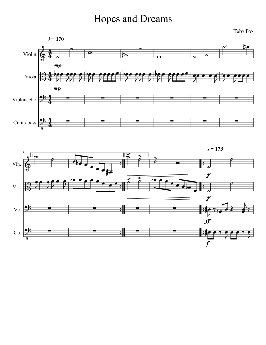 Hopes and Dreams (Undertale) sheet music for Violin, Viola, Cello, Contrabass download free in ...
