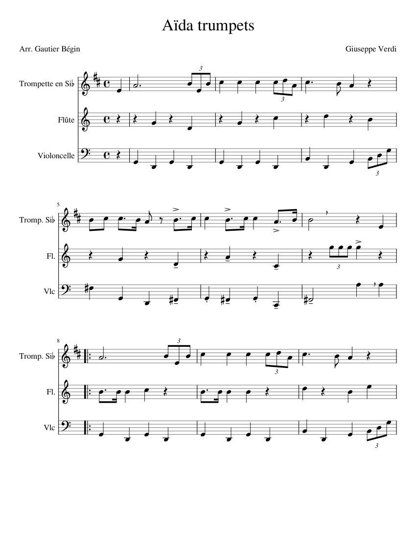 Aida trumpets sheet music for Flute, Trumpet, Cello download free in ...