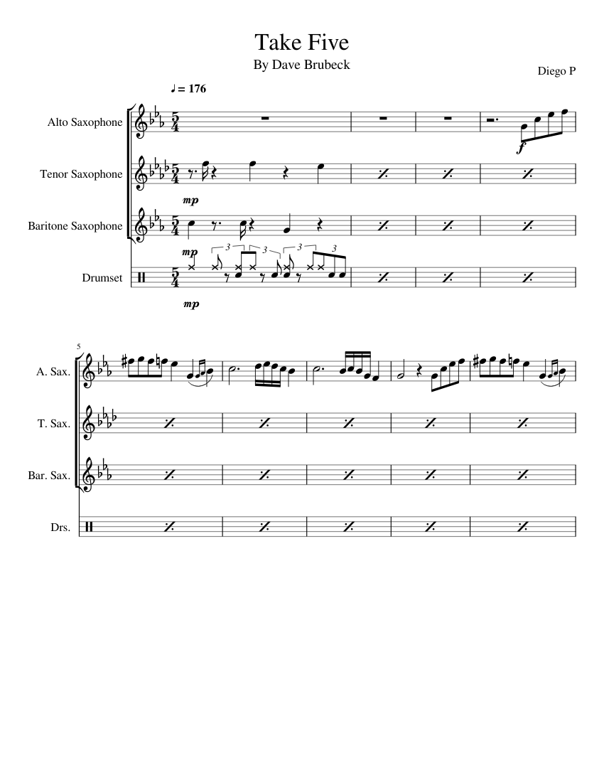 Take Five sheet music for Alto Saxophone, Tenor Saxophone, Baritone ...