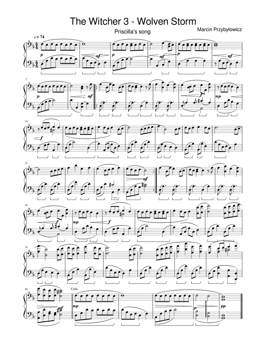 The Witcher 3 - Wolven Storm - Bass Clef Duet Sheet music for Piano ...
