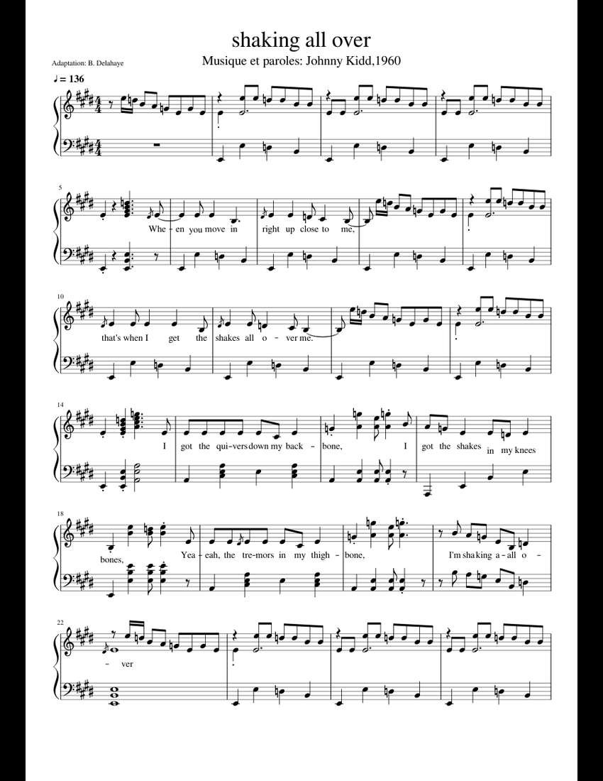 shaking all over, piano-chant sheet music for Piano, Percussion, Guitar ...