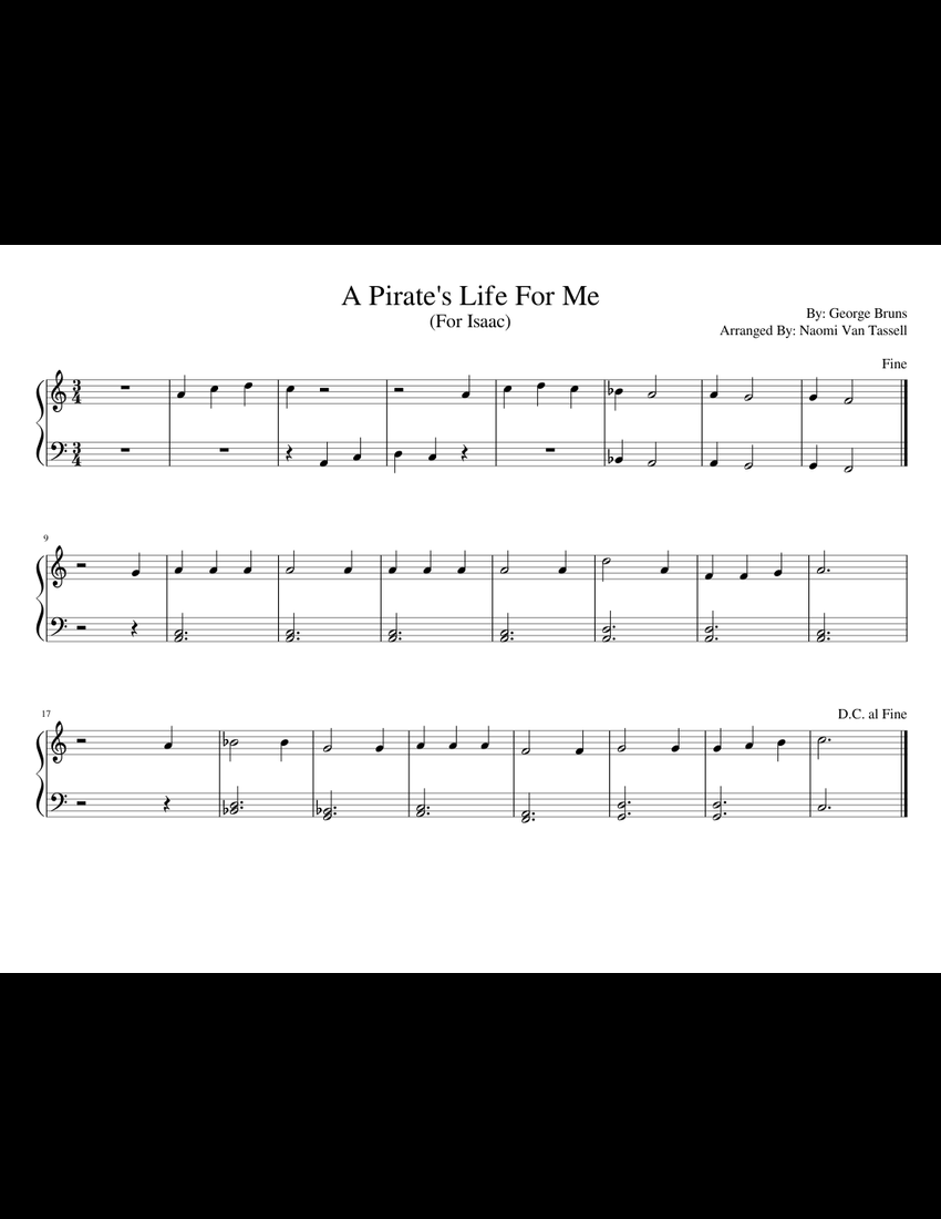 A Pirates Life For Me (For Isaac) sheet music for Piano download free ...