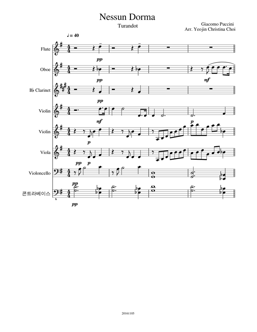 Nessun Dorma Sheet music for Flute, Clarinet, Violin, Oboe | Download free in PDF or MIDI ...