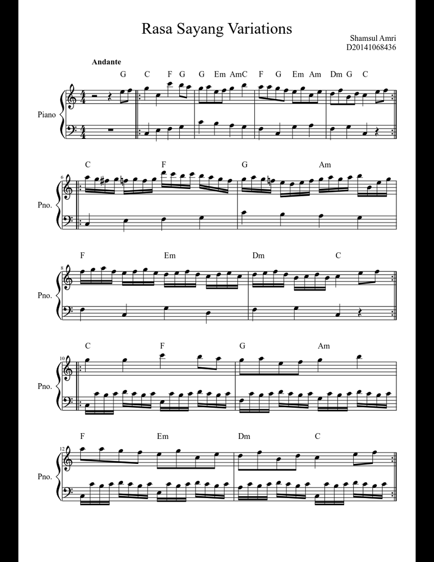 Rasa Sayang Mozart Variations sheet music for Piano download free in ...
