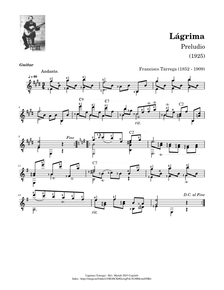 Lágrima - Francisco Tárrega (1852 - 1909) Sheet music for Guitar ...