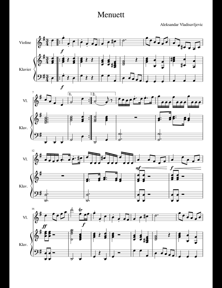 Menuett G-Dur sheet music for Violin, Piano download free in PDF or MIDI