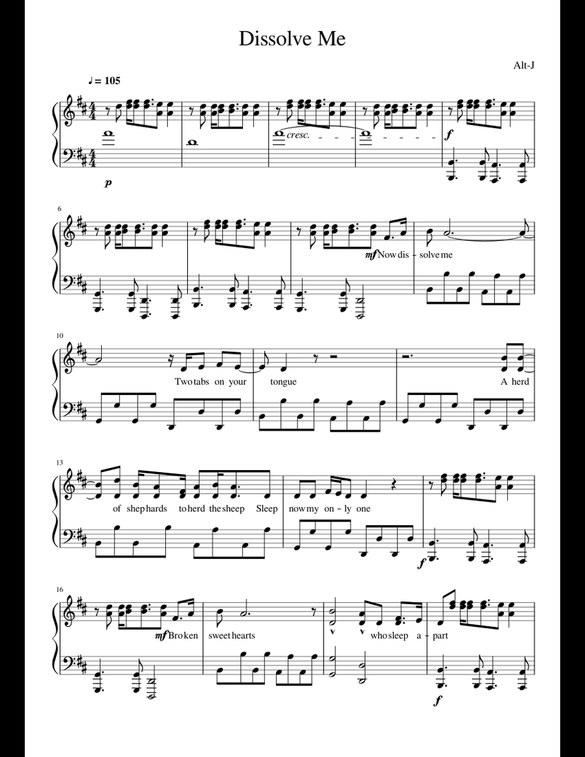 Dissolve Me - Alt-J sheet music for Piano download free in PDF or MIDI