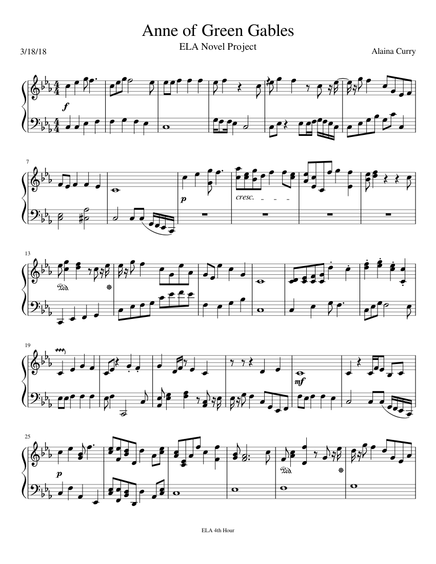Anne of Green Gables sheet music for Piano download free in PDF or MIDI