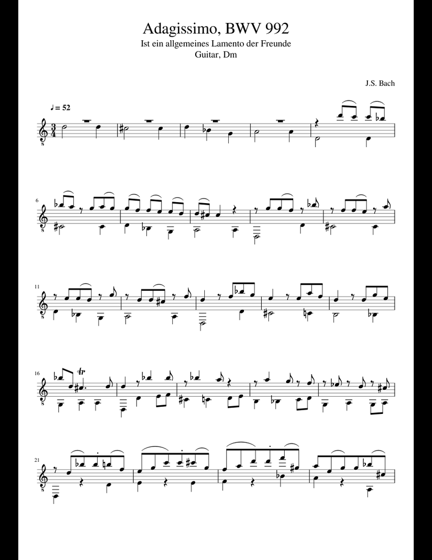 Adagissimo, BWV 992, Guitar, Dm sheet music for Guitar download free in PDF or MIDI