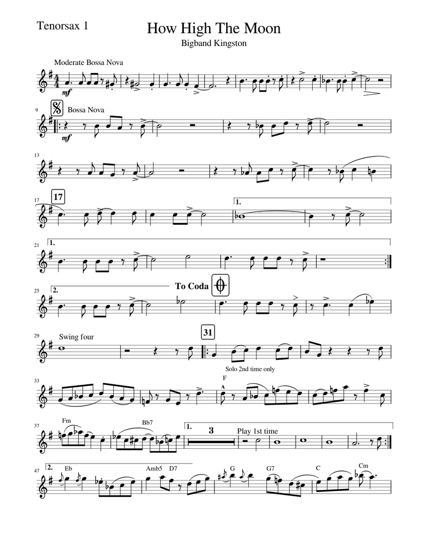 How High The Moon Tenor 1 Sheet music for Saxophone (Soprano) (Solo ...